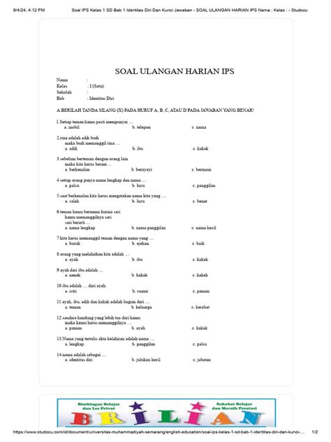 Soal Ips Kelas 1 Sd Bab 1 Identitas Diri Dan Kunci Jawaban Soal