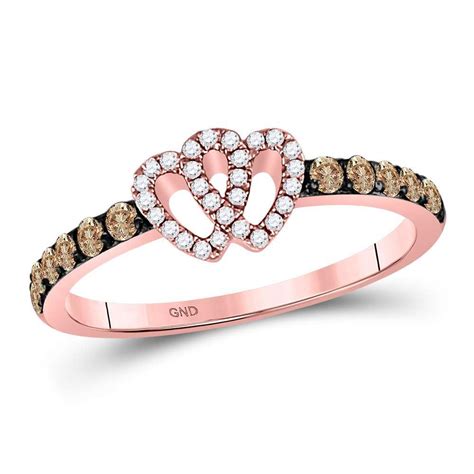 10kt Rose Gold Round Brown Diamond Double Heart Ring 14 Cttw