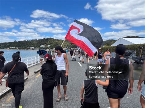 Maori People Carrying The National Māori Flag On Waitagi Day Stock