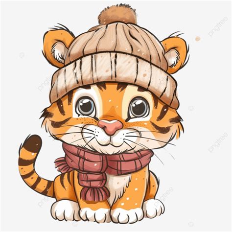모자와 스카프를 쓴 귀여운 만화 호랑이가 색깔로 그려집니다 호랑이 모자 겨울 Png 일러스트 및 이미지 에 대한 무료 다운로드 Pngtree