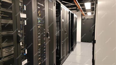 Server Room Interior Rows Of Rack Mounted Servers In A Data Center