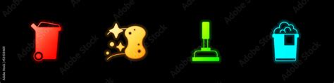 Set Trash Can Sponge Rubber Plunger And Bucket With Foam Icon Vector Stock Vector Adobe Stock