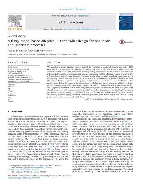 A Fuzzy Model Based Adaptive Pid Controller Design For Nonlinear And Uncertain Processes PDF