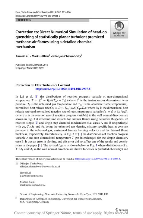 Correction To Direct Numerical Simulation Of Head On Quenching Of Statistically Planar