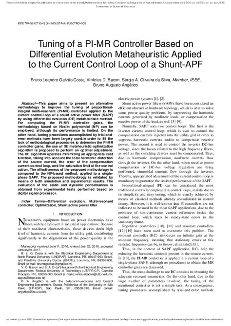 Pdf Tuning Of A Pi Mr Controller Based On Differential Evolution Metaheuristic Applied To The