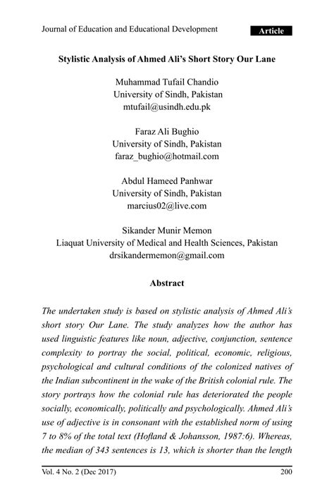 Pdf Stylistic Analysis Of Ahmed Alis Short Story Our Lane