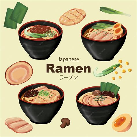 Ramen Japonés Dibujado A Mano Con Ingredientes Ilustración 2 Vector
