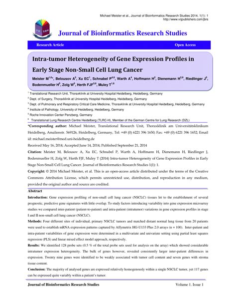 Pdf Intra Tumor Heterogeneity Of Gene Expression Profiles In Early