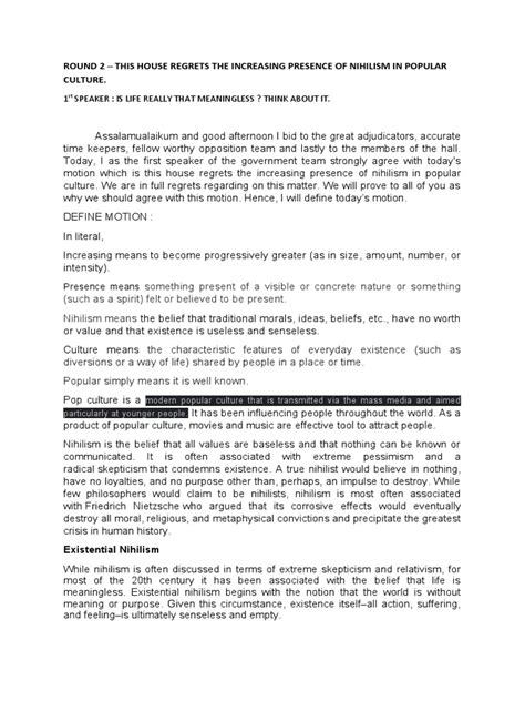 Example Debate Speech 1st Speaker Pdf Nihilism Philosophical Theories