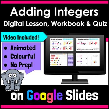 Adding Integers Distance Learning On Google Digital Lesson Workbook Quiz