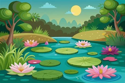 Premium Vector A Cartoon Illustration Of A Pond With Lotus Flowers