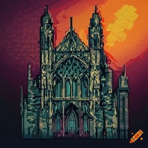 Detailed Pixel Art Banner Of A Gothic Cathedral In Dark Colors On Craiyon
