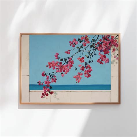 Bougainvillea Coastal Wall Art Floral Beach Scene Print Digital