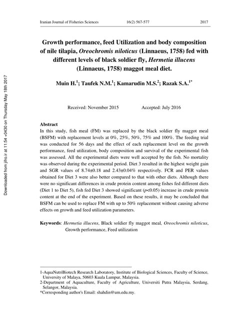 Pdf Growth Performance Feed Utilization And Body Composition Of Nile Tilapia Oreochromis
