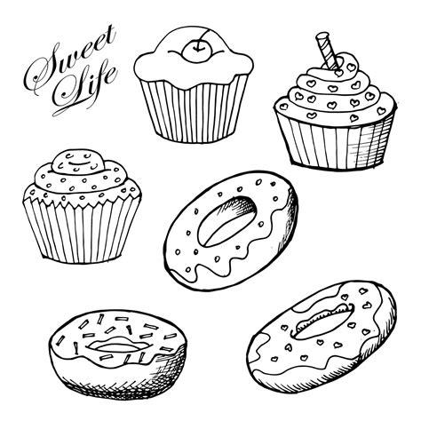 Premium Vector Set Of Hand Drawn Donuts And Cupcakes Sketch Outline