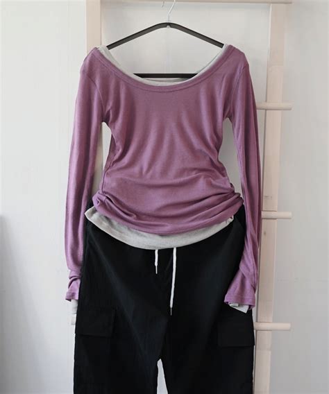 프림로즈비 울30 텐셀 딥 유넥 레이어드 슬림핏 긴팔 티셔츠