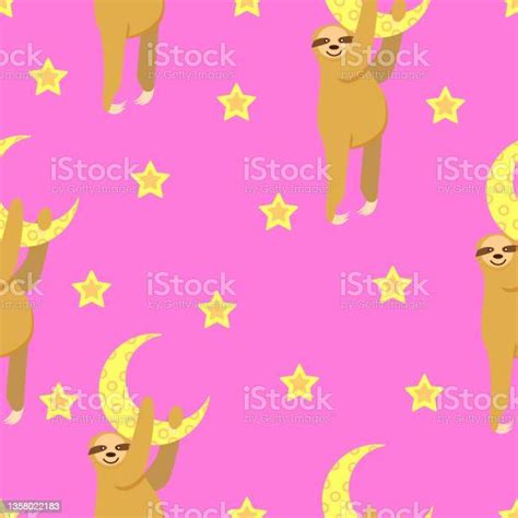매끄러운 패턴 노란 초승달에 매달려있는 아기 나무늘보 달과 별 분홍색 배경 귀엽고 재미있습니다 만화 스타일 안녕히 주무세요 키즈 침실 엽서 벽지 섬유 포장지 0명에 대한