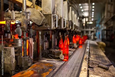 Glass Factory Production Of Glass Containers Molten Glass Is Blown