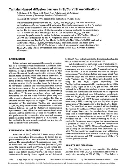 Pdf Tantalum‐based Diffusion Barriers In Sicu Vlsi Metallizations Pdf Tantalum‐based Diffusion Barriers In Sicu Vlsi Metallizations