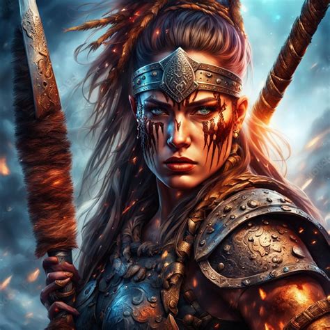 Portrait Of A Stunning Female Barbarian Warrior Whit A Dominant Posture