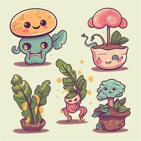 Premium Photo A Group Of Cartoon Plants With Cute Faces And Plants In Pots Generative Ai