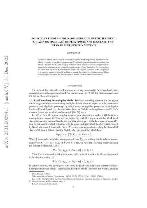 Pdf On Skodas Theorem For Nadel Lebesgue Multiplier Ideal Sheaves On Singular Complex Spaces