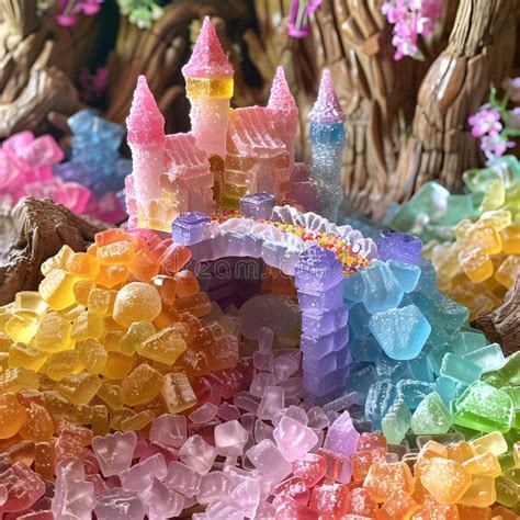 Vibrant Rainbow Hued Candy Bridge Leading To Tiny Edible Castle Stock