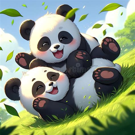 A Couple Panda Playing In Joyful With Cute And Adorable At A Grassy