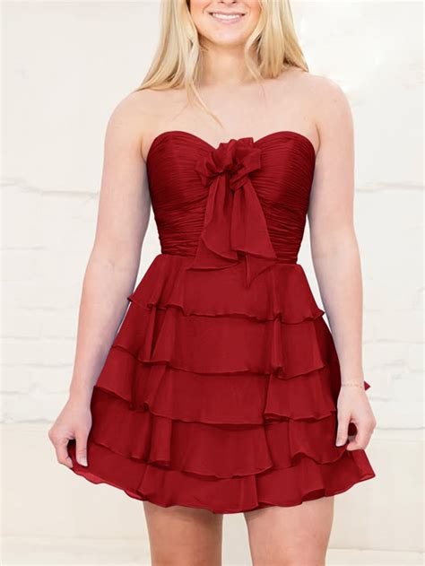 Hand Made Flower Pleated Boned Mini Prom Dress Red Product Details