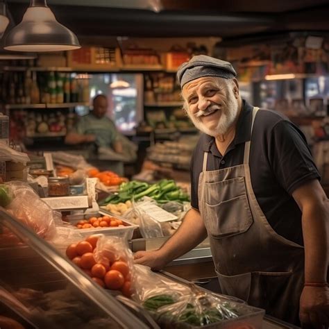 Premium Photo Grocery Store Uncle Stands Behind The Counter Smiling