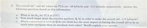 Solved The Overall Δg° ﻿and Δg ﻿values For Tca Are 48kjmole