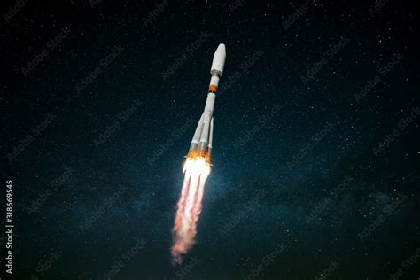 Rocket Flies On The Background Of The Starry Sky Real Spaceship In