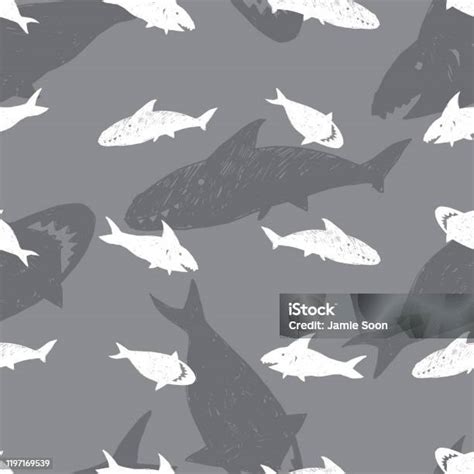 벡터 회색 흑백 간단한 귀여운 상어 펜 스케치 그림자 배경 반복 패턴입니다 직물 스크랩 북 및 벽지 프로젝트에 대한 현 개체 그룹에 대한 스톡 벡터 아트 및 기타 이미지