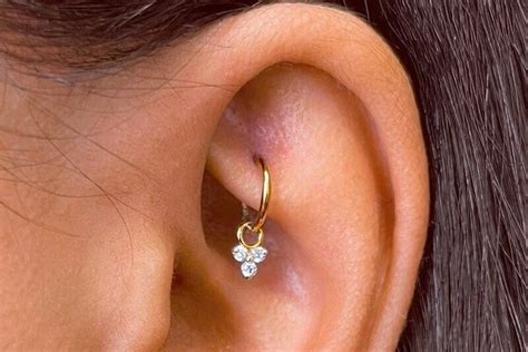 16g Sterling Silver Dangle Rook Earring 14k Gold Plated Rook Hoop Cz