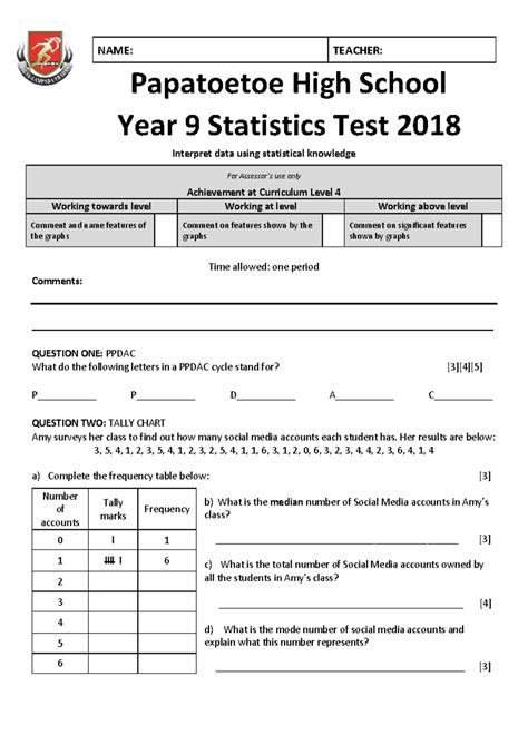 Year 9 Statistics Test 2018 Insights And Data Interpretation Studocu