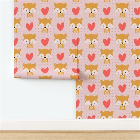 Cute Fox Blue Dots Pink Bacground Wallpaper Spoonflower