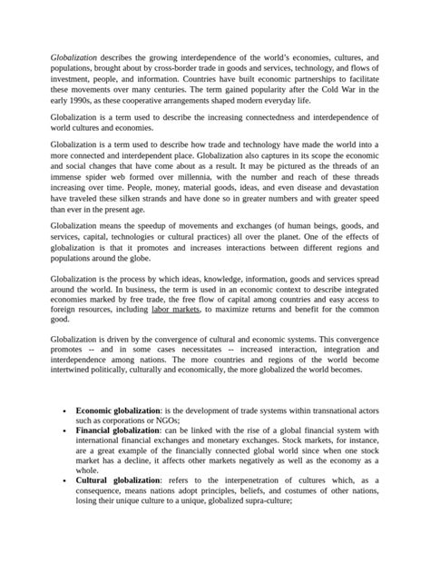 Globalization Describes The Growing Interdependence Of The World Pdf Globalization Economies
