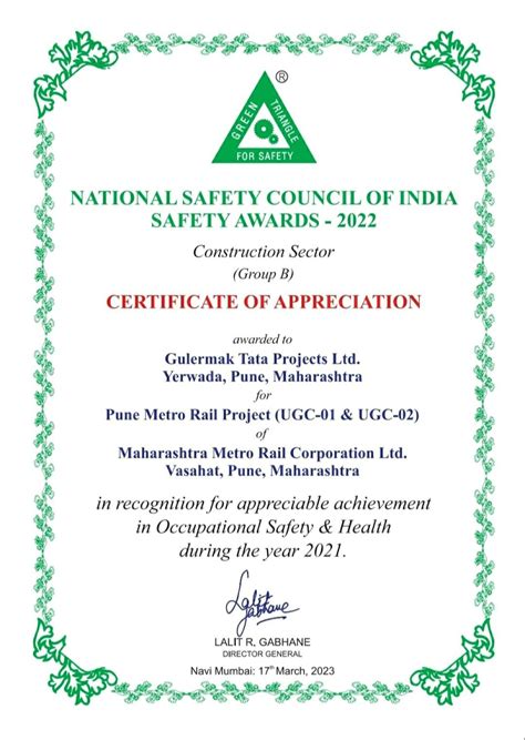 Certificate Of Appreciation Received From National Safety Council Of
