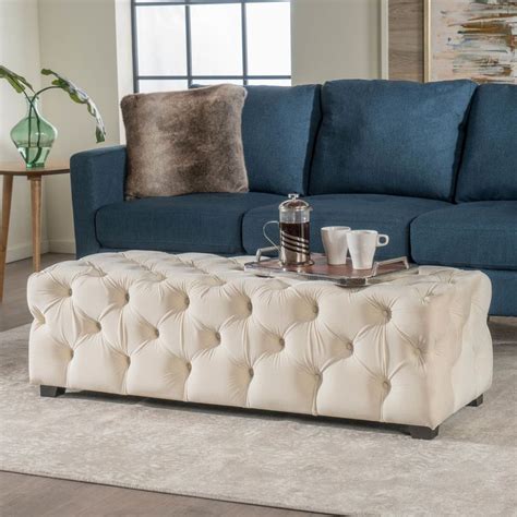 Piper Tufted Velvet Fabric Rectangle Ottoman Bench Ivory