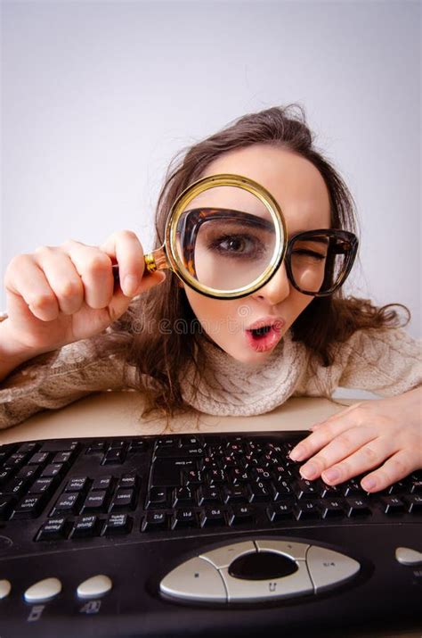 The Funny Nerd Girl Working On Computer Stock Photo Image Of Humorous Hacker 143958938