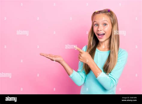 Closeup Photo Of Preteen Schoolgirl Wear Blue Shirt Open Mouth Hold