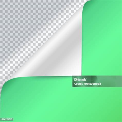 녹색 종이의 벡터 웅크리고 코너입니다 종이의 빈 시트에 그림자 페이지 컬 클로즈업 투명 한 배경에 고립입니다 종이 스티커 사각 3d 그림 0명에 대한 스톡 벡터 아트 및