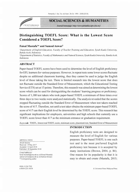 Pdf Distinguishing Toefl Score What Is The Lowest Score Considered A Toefl Score