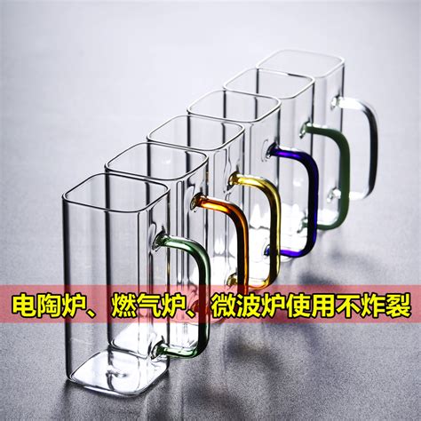 家用玻璃茶杯耐热绿茶花茶杯子玻璃杯透明方形带把果汁杯简约水杯虎窝淘