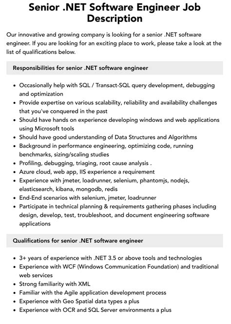 Senior Net Software Engineer Job Description Velvet Jobs