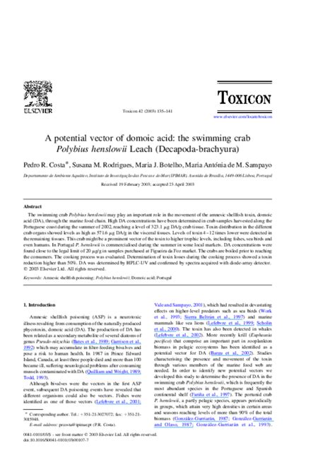 Pdf A Potential Vector Of Domoic Acid The Swimming Crab Polybius