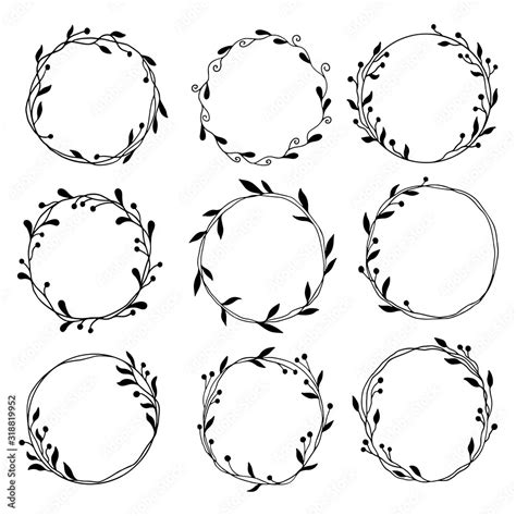 Hand Drawn Set Of Cicle Floral Frame Border For Banner Wedding Greeting Card Design Sketch