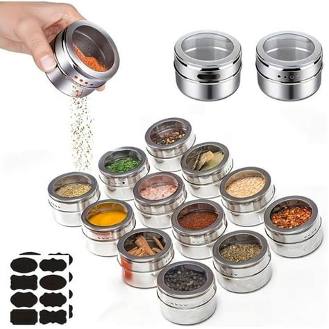 Stainless Steel Magnetic Spice Jars Set 12 Pack Condiment Tins For