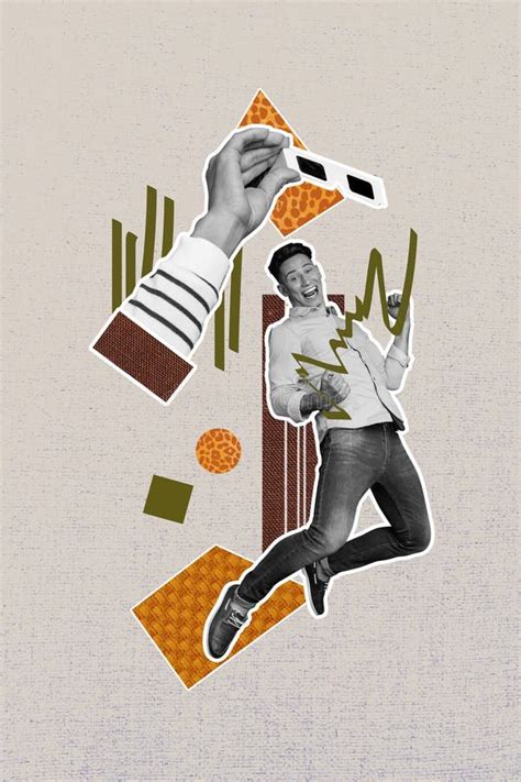 Vertical Image Collage Of Happy Guy Jump Hand Hold Cinema Glasses Movie