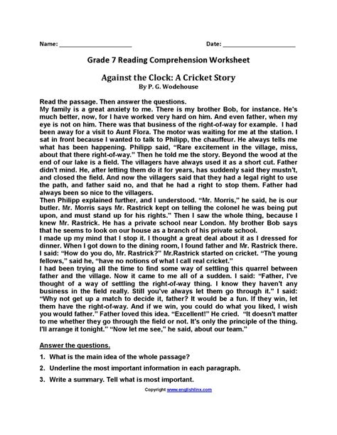 Grade 7 Reading Comprehension Worksheet